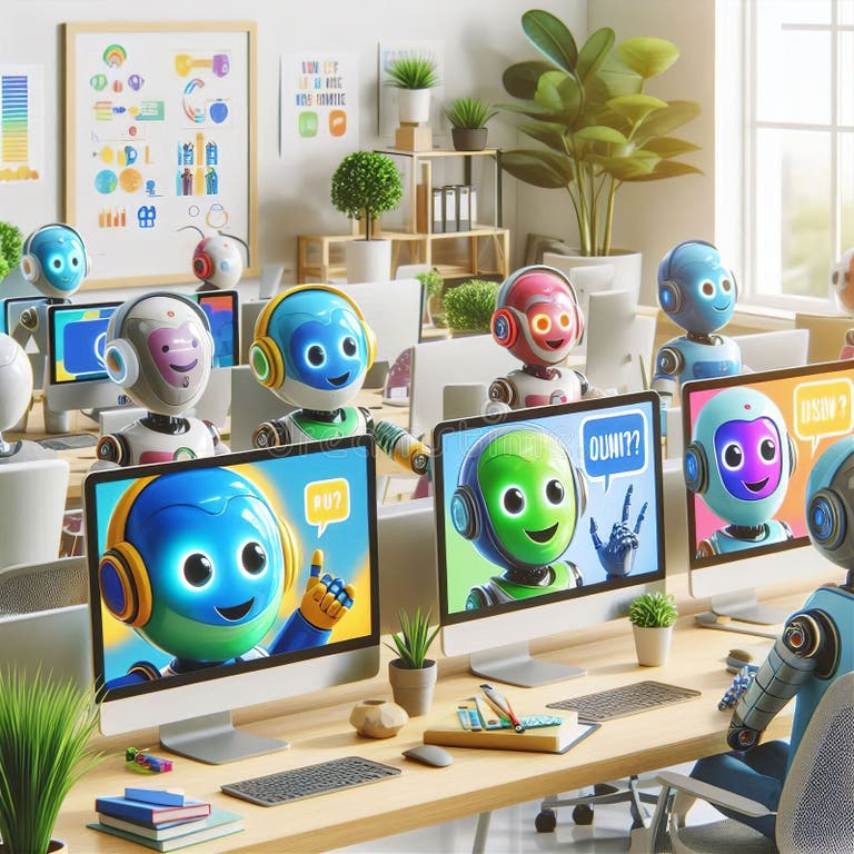 Little Robots Learning at Pc in a School Stock Illustration ...