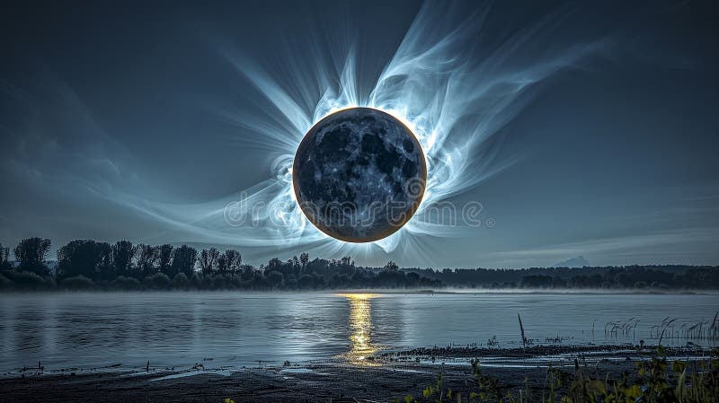 Fantasy Illustration of a Lunar Eclipse with Light Streams Above a ...