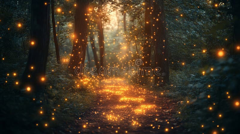 Fantasy Illustration of Magical Fairy Tale Forest with Fireflies Stock ...