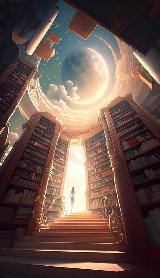 Fantasy Illustration of an Old Library with a Door Leading To the Moon ...