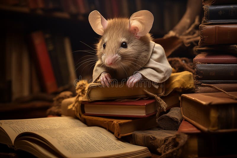 Fantasy Illustration, Photorealistic Mouse in a Cassock Reading an Old ...
