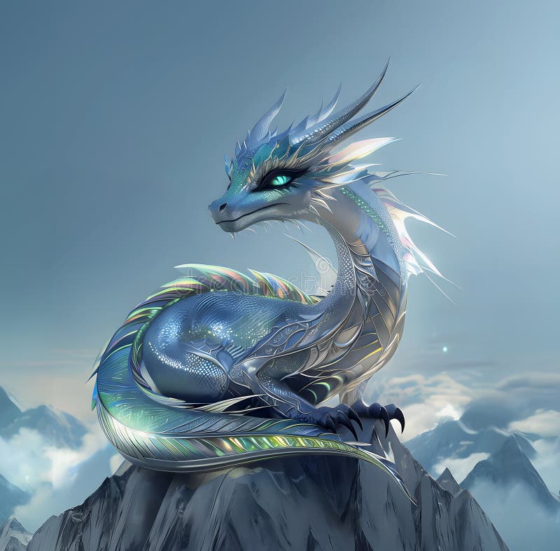 Fantasy Illustration Silver Dragon Perched on a Mountain Stock ...