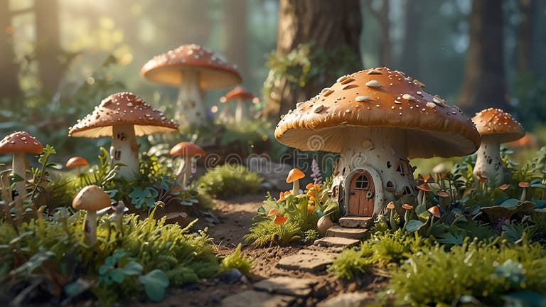 Fantasy Illustration Toadstool Houses Magic Forest Stock Illustration ...