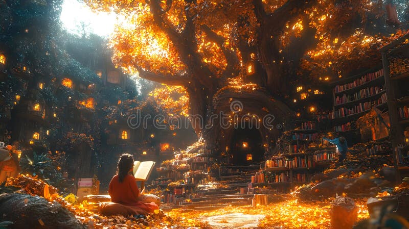 Fantasy Illustration of a Tree Library Stock Illustration ...