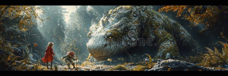 Fantasy Illustration of Two Characters Facing a Massive Stone Like ...