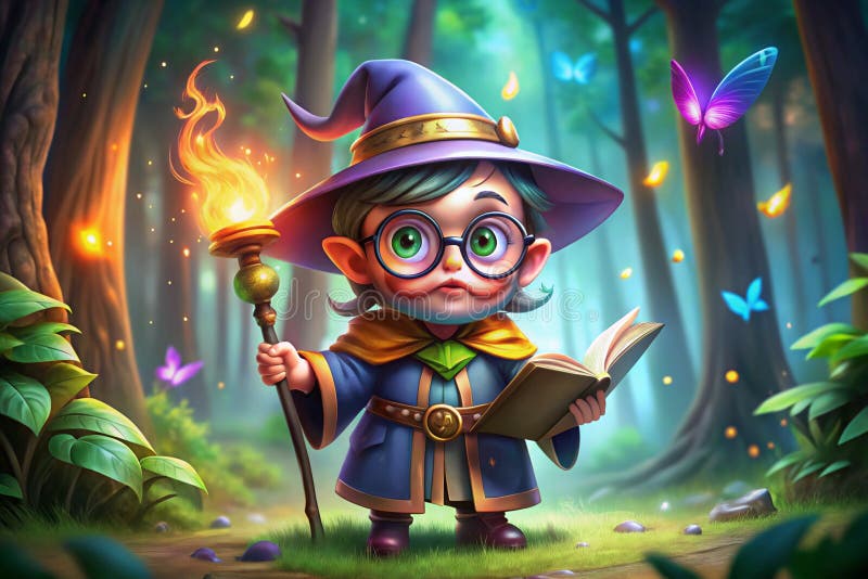Fantasy Illustration of a Young Wizard Casting Spells in a Mystical ...