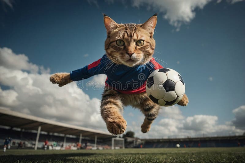 Fantasy Image of a Cat Soccer Player in a Tiny Jersey, Mid-air with a ...