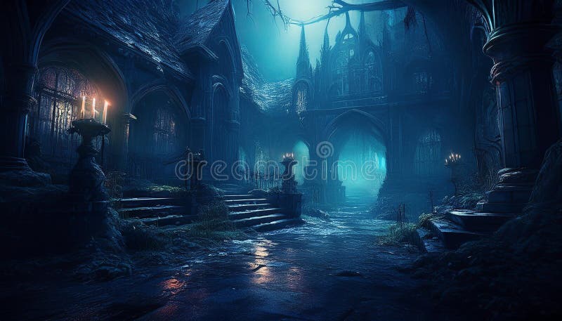 Fantasy Image of the Courtyard of an Old Castle, Night Scene, Stock ...