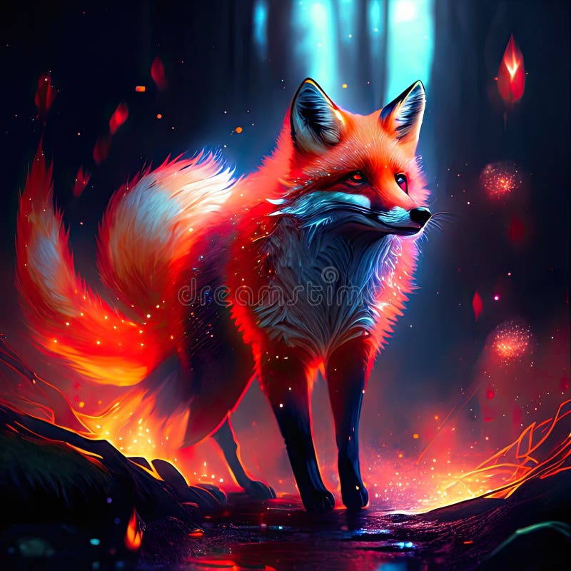 Fantasy Image of a Fox in a Dark Forest with Fire and Smoke. Generative ...