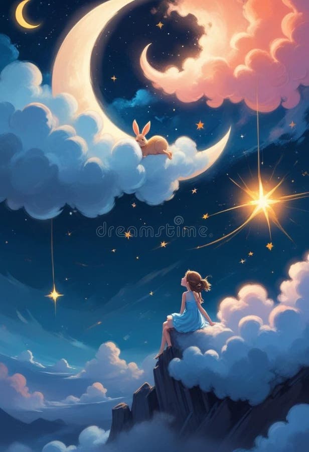 A Fantasy Image of Girl Sitting on the Clouds and Rabbit Sitting on the ...