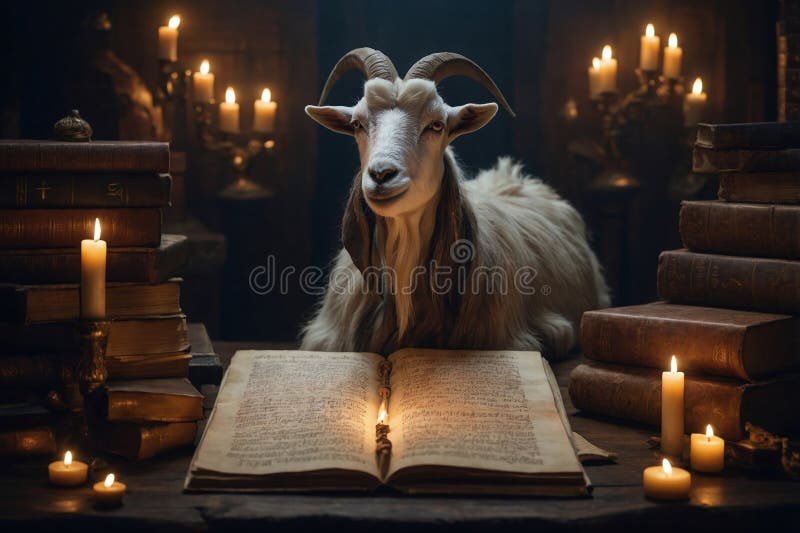 Fantasy Image of the Goat Sits in an Ancient, Enchanted Library, and ...