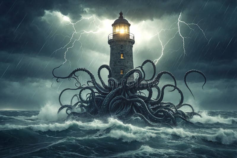 Fantasy Image of Mythical Creature, Krakens, Attack the Lighthouse ...