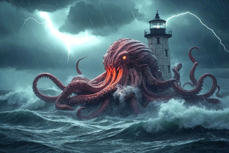 Fantasy Image of Mythical Creature, Krakens, Attack the Lighthouse ...