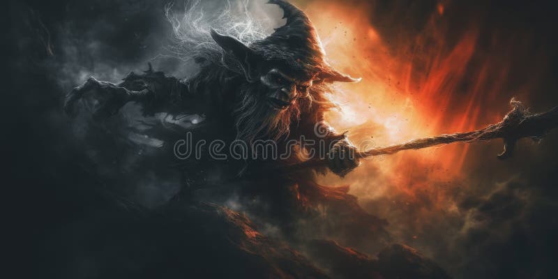 Fantasy Image of Troll with a Spear in the Dark Smoke and Fire Stock ...