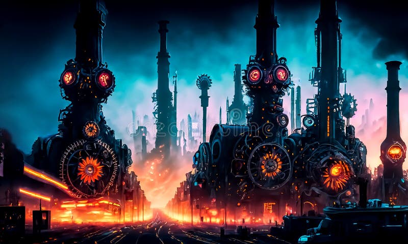 Fantasy Industrial Landscape with Smoking Chimneys, Fire Against a ...