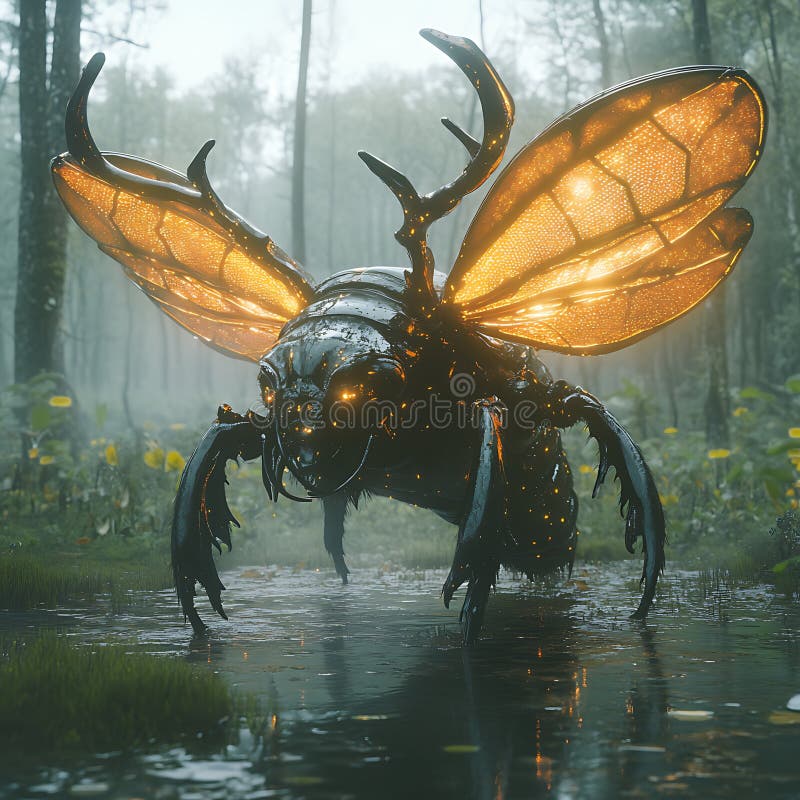 Fantasy Insect with Glowing Wings in a Forest Setting Stock ...