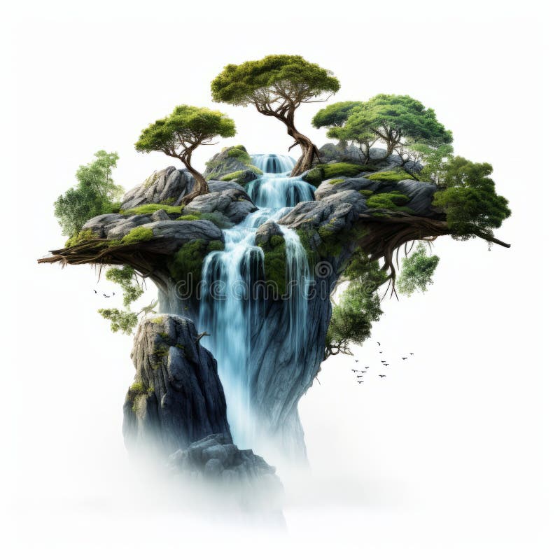 Fantasy-inspired Art: Tree Island with Waterfall and Big Tree Stock ...