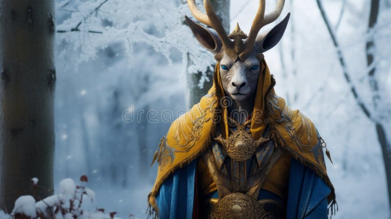Fantasy-inspired Deer with Fur Horns in Snowy Forest Stock Illustration ...