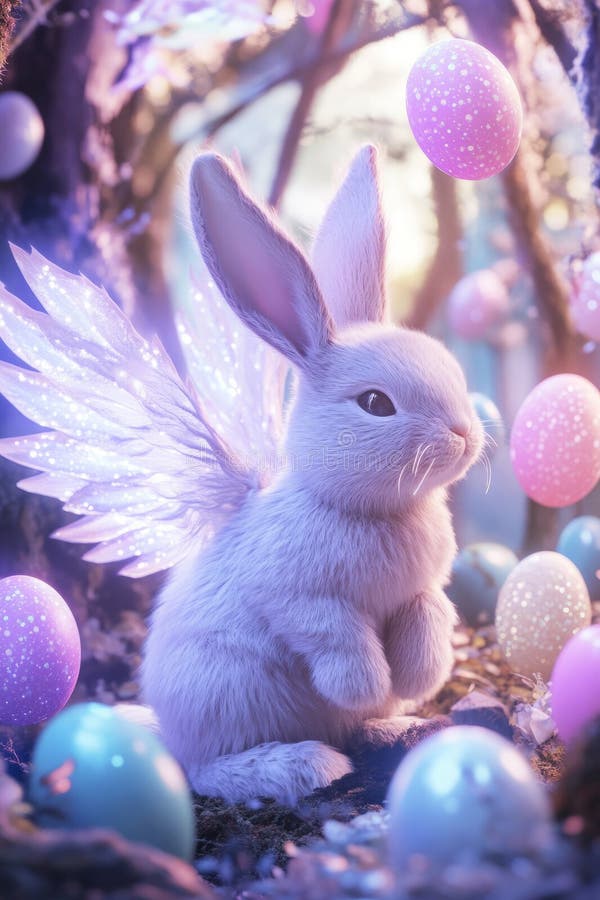 A Fantasy-inspired Easter Bunny with Wings, Surrounded by Glowing ...