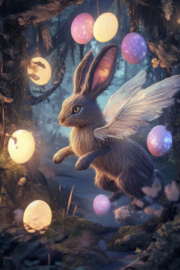 A Fantasy-inspired Easter Bunny with Wings, Surrounded by Glowing ...