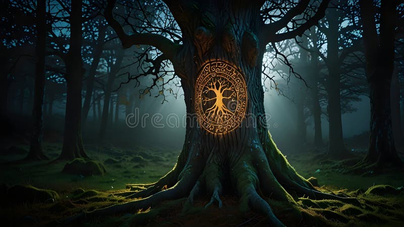A Fantasy-inspired Irish Tree with Glowing Runes Carved into Its Bark ...