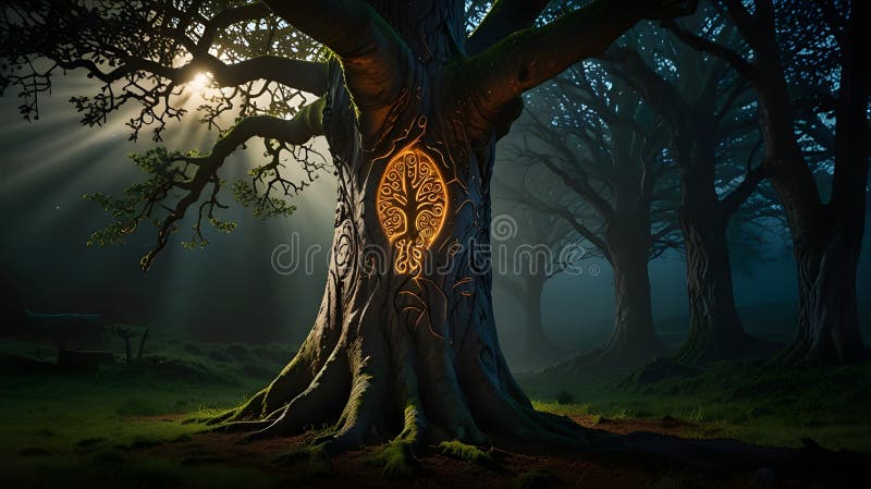 A Fantasy-inspired Irish Tree with Glowing Runes Carved into Its Bark ...