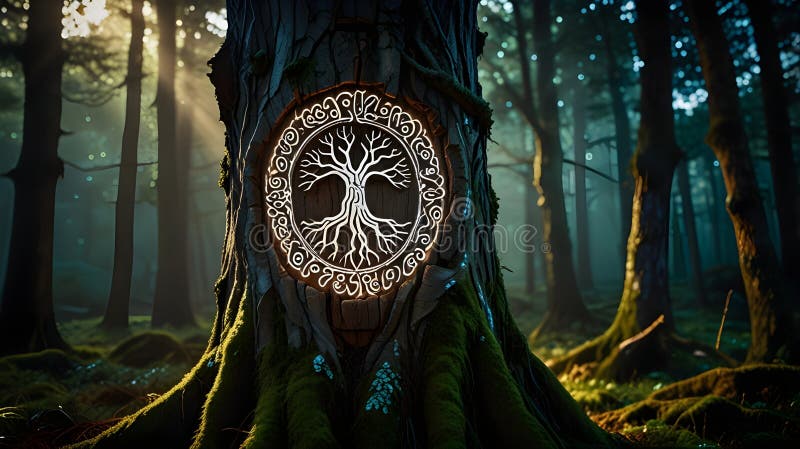 A Fantasy-inspired Irish Tree with Glowing Runes Carved into Its Bark ...