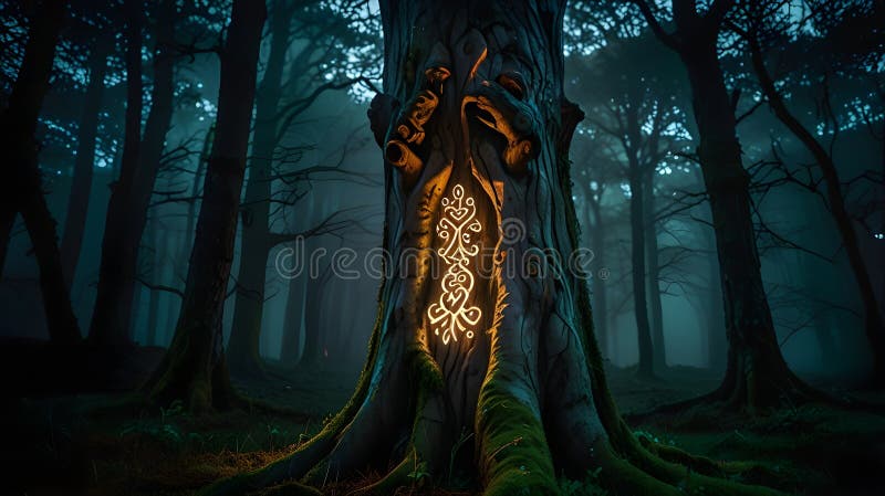 A Fantasy-inspired Irish Tree with Glowing Runes Carved into Its Bark ...