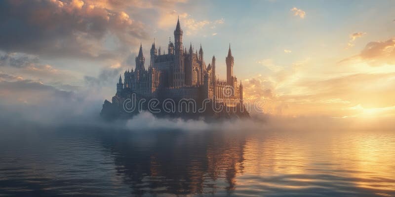 Fantasy Island Castle Epic Sunset Digital Art Stock Illustration ...