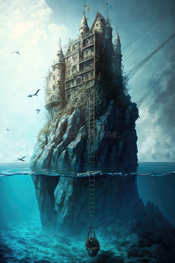 Fantasy Island with Castle on Top of Mountain in Ocean. Generative AI ...