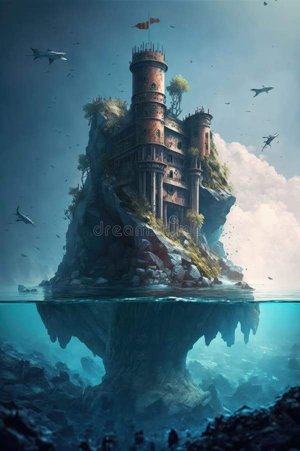 Fantasy Island with Castle on Top of Mountain in Ocean. Generative AI ...