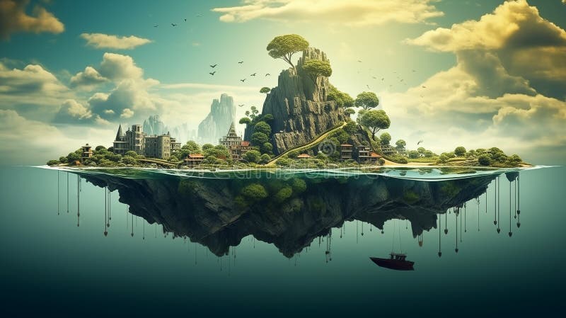 Fantasy Island Floating in the Air. Surrealistic World Stock Photo ...