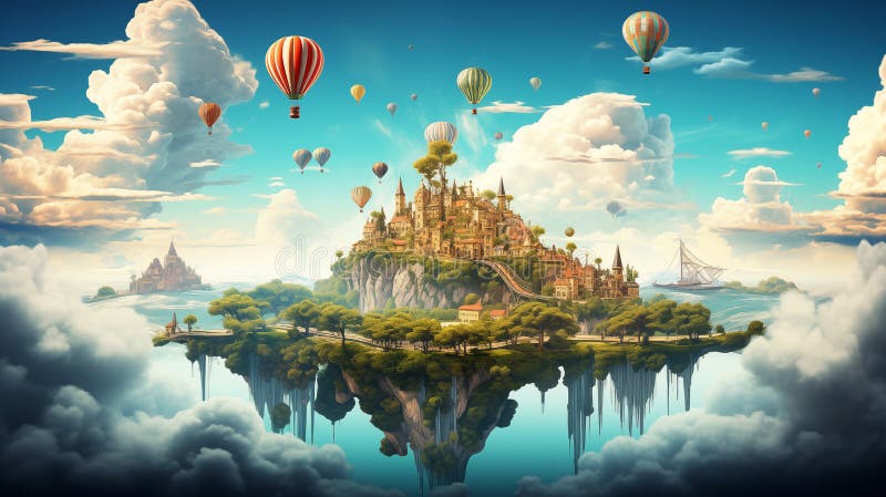 Fantasy Island Floating in the Air. Surrealistic World Stock Image ...