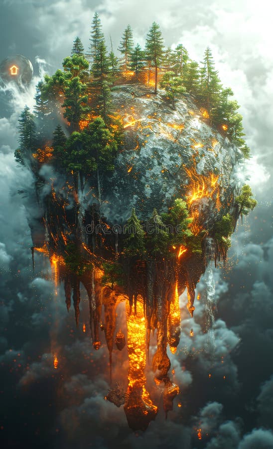 Fantasy Island Floating in the Sky with Fire. a Planet Earth Made of ...