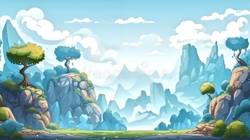 Fantasy Island Game Background, Mountains, Trees and Platforms Stock ...