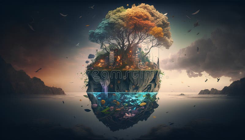 Fantasy Island in the Sea with a Beautiful Magic Tree. 3d Render Stock ...