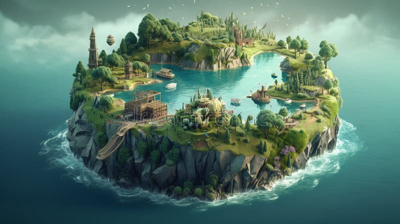 Fantasy Island in the Sea. 3d Render Illustration Stock Illustration ...