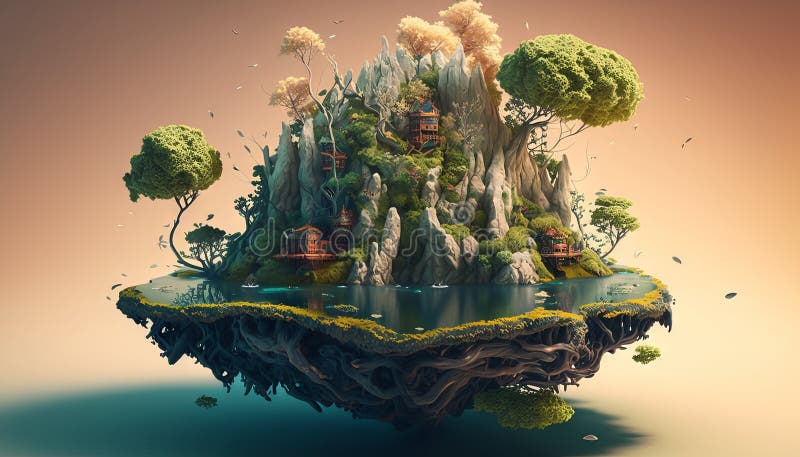 Magic Island with Floating Islands, Water Fall and Field Stock Photo ...