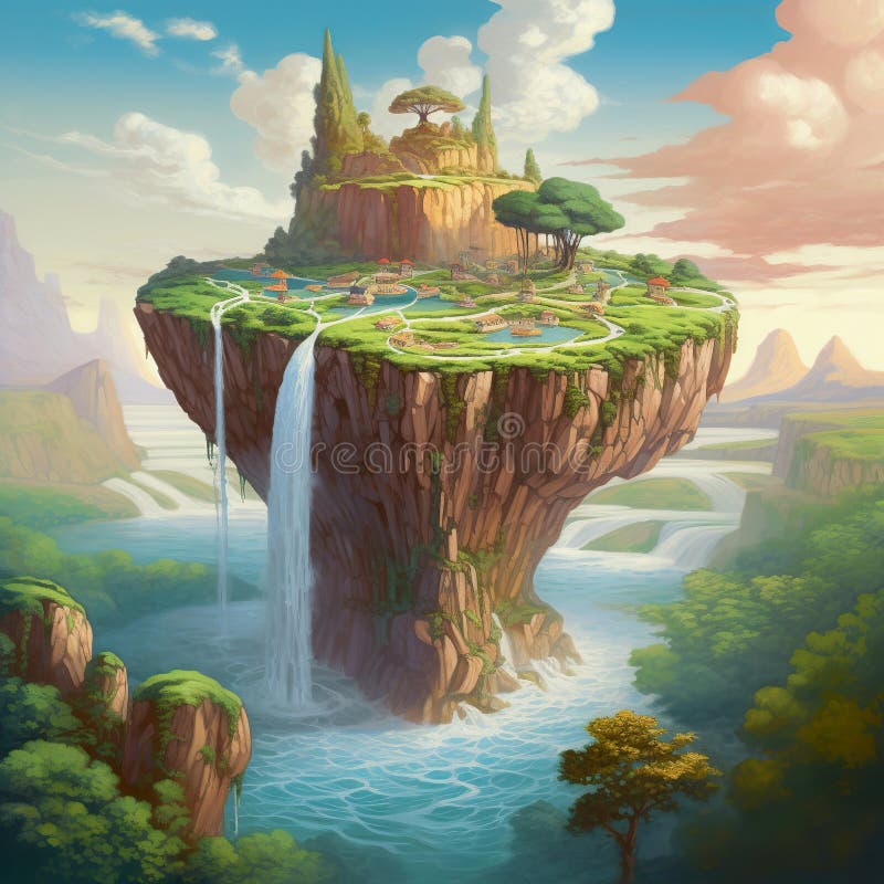 Fantasy Island with Waterfalls 3d Illustration Elements Stock ...