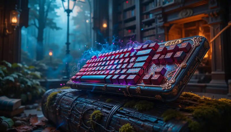 Fantasy Keyboard Glowing with Magic on Mossy Wood in Enchanted Library ...
