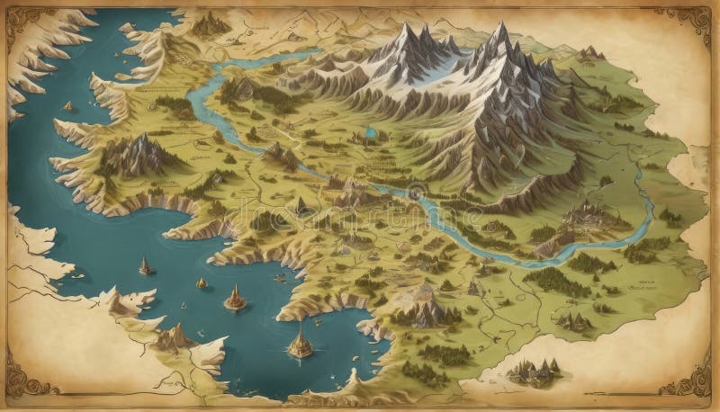 Fantasy Kingdom Map - Hand-Drawn Adventure Map Stock Illustration ...