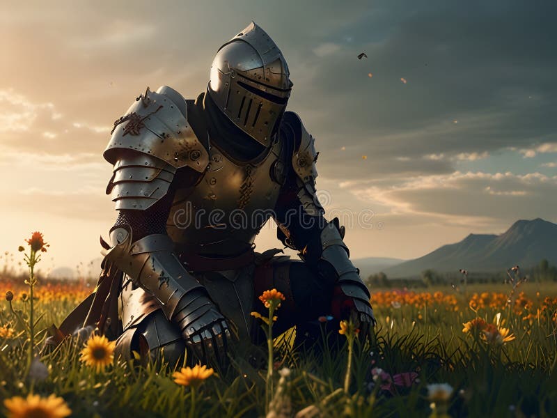 Fantasy Knight, Epic Armor, Battle Field, Kneeling, Picking Up a Flower ...