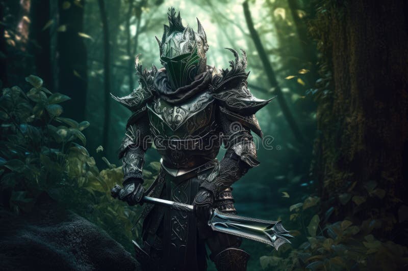 Fantasy Knight with Old Armor in the Ancient Forest. Generative AI Stock Illustration ...