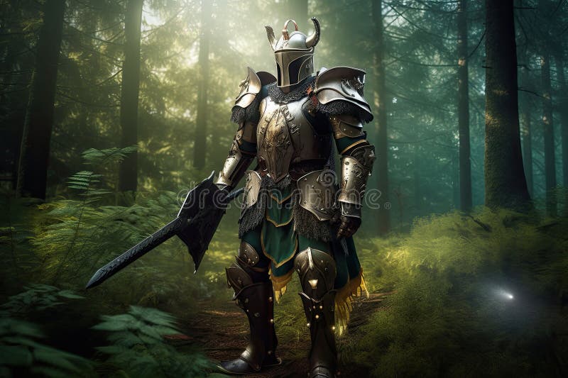 Fantasy Knight with Old Armor in the Ancient Forest. Generative AI ...