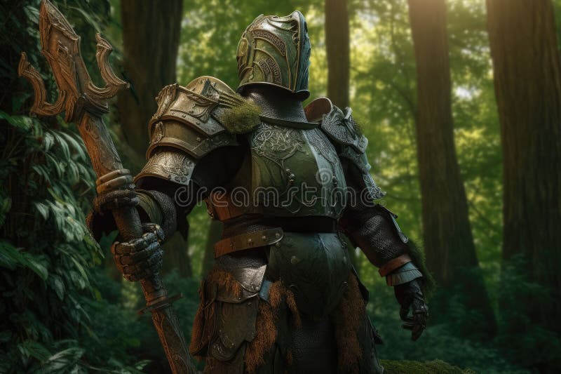 Fantasy Knight with Old Armor in the Ancient Forest. Generative AI ...