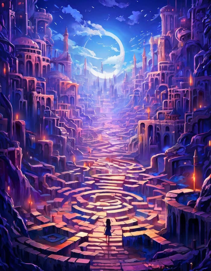 Fantasy Labyrinth City Under a Glowing Crescent Moon Stock Photo ...