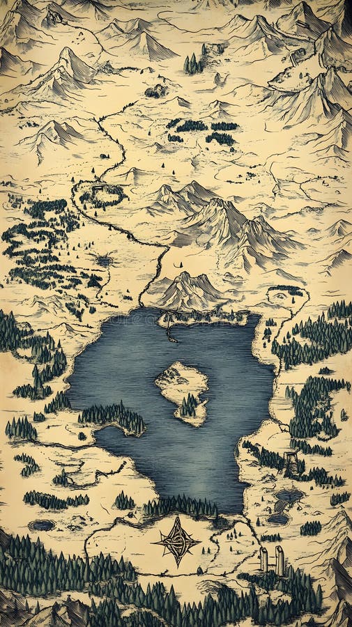 Fantasy Lake & Mountain Map: Adventure Awaits Stock Illustration ...