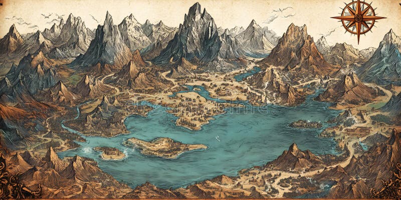 Fantasy Lake & Mountain Map: Adventure Awaits Stock Illustration ...