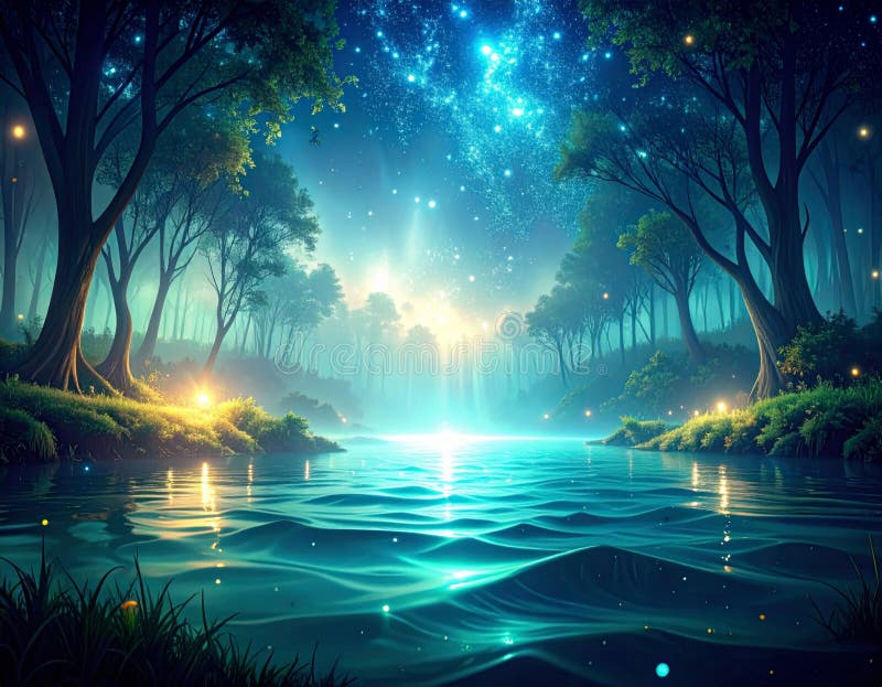 Fantasy Lake Surrounded by Trees Glowing with Magical Light at ...