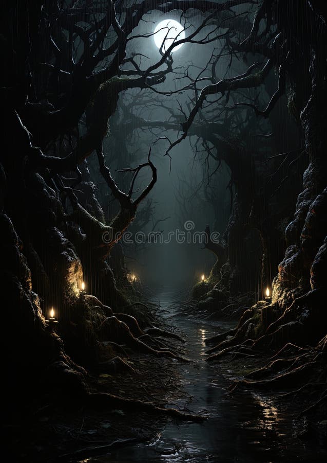 Dark Path in a Dark and Terrifying Forest on a Night with a Full Moon ...
